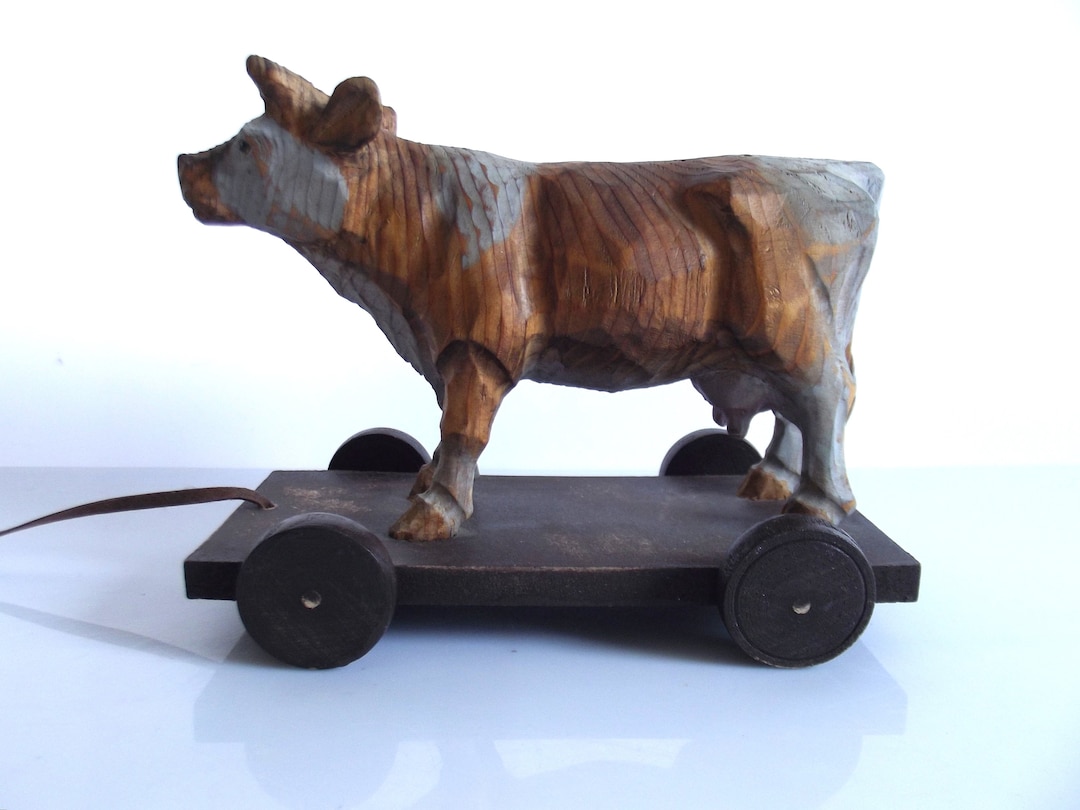 Antique Austrian Folk Art Cow on Wheels Pull Along Toy Hand - Etsy