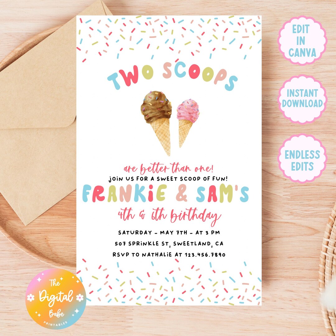 Two Scoops Birthday Invitation | Dual Party | Sibling Party | Custom ...