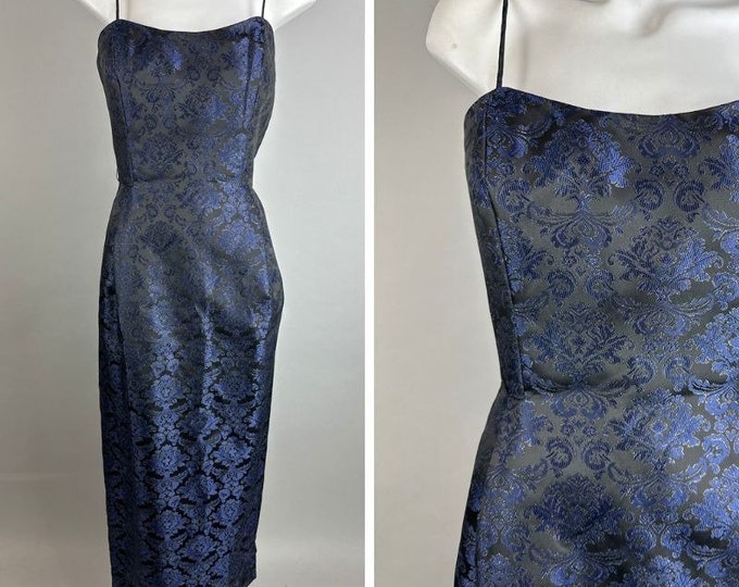 Vtg Y2K Alex Evening Black Navy Damask Metallic Brocade Maxi Dress Prom ...