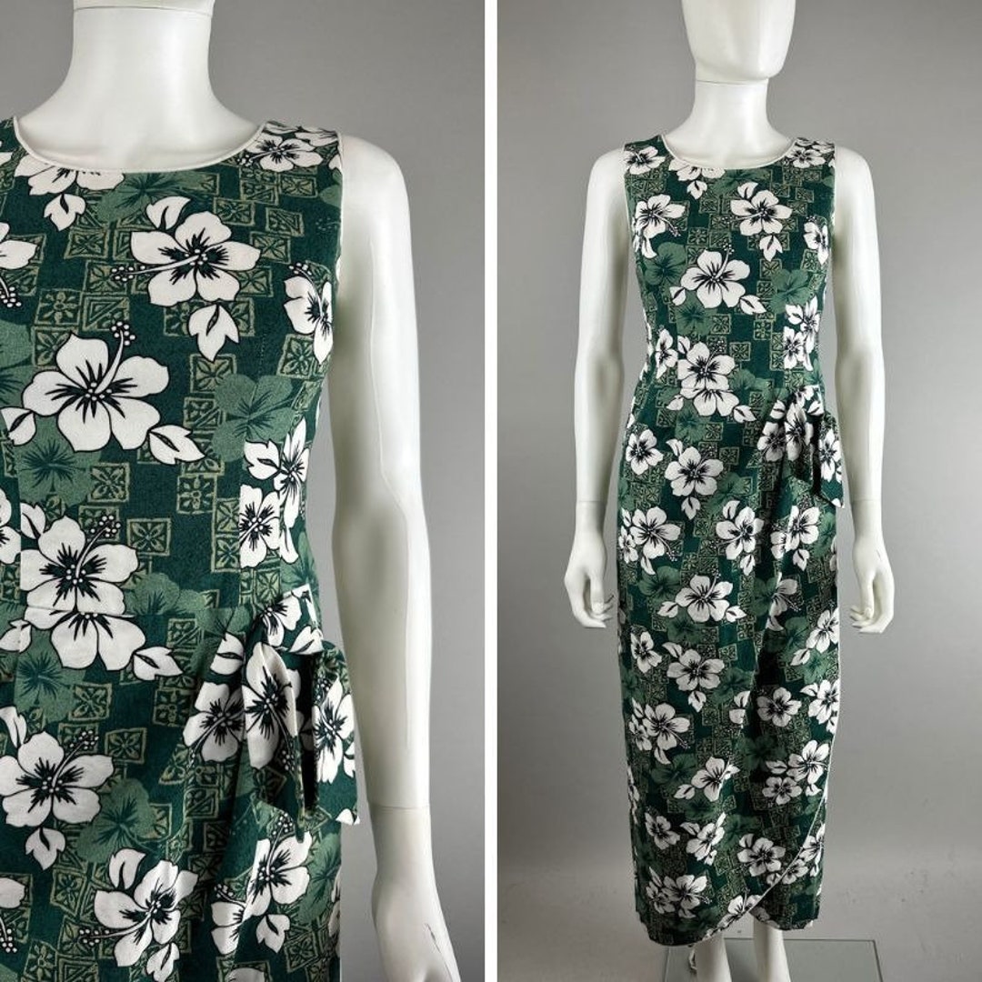 Vtg 60s Chic Mode Hawaii Custom Green Floral Cotton Wiggle Dress Size ...