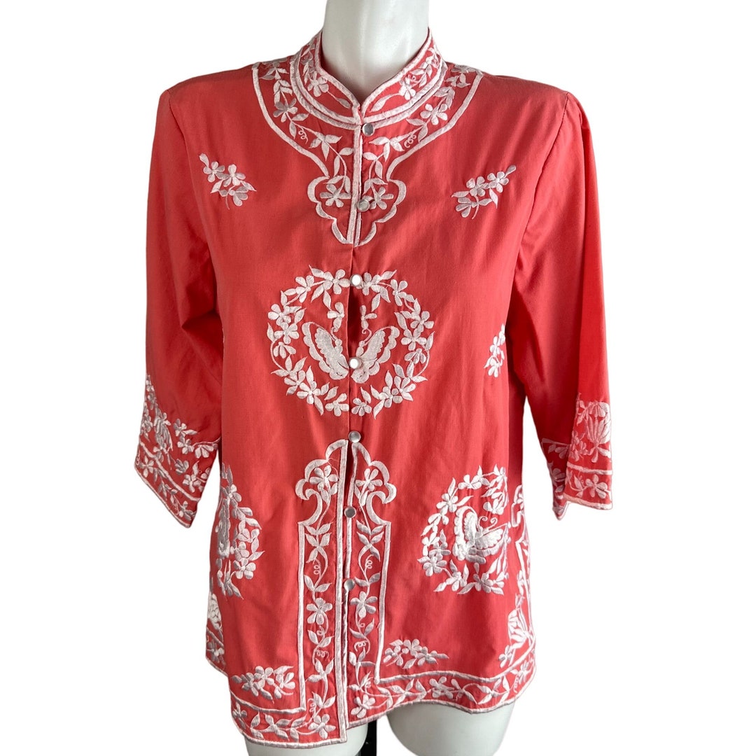 Vtg 70s Chuchi Salmon Pink Floral Embroidered Kimono Caftan Blouse Size ...