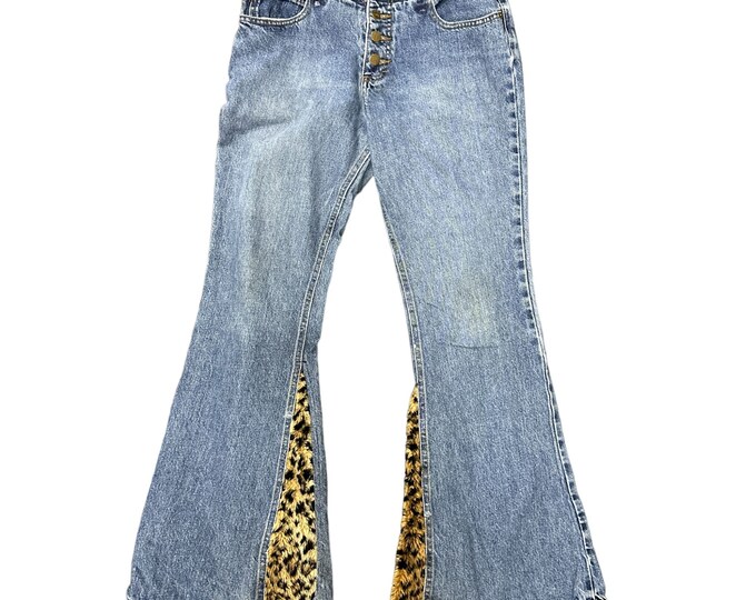 Vtg 90s Mudd Flare Bellbottoms Custom Leopard Fur Jeans Low Rise Size 9 ...