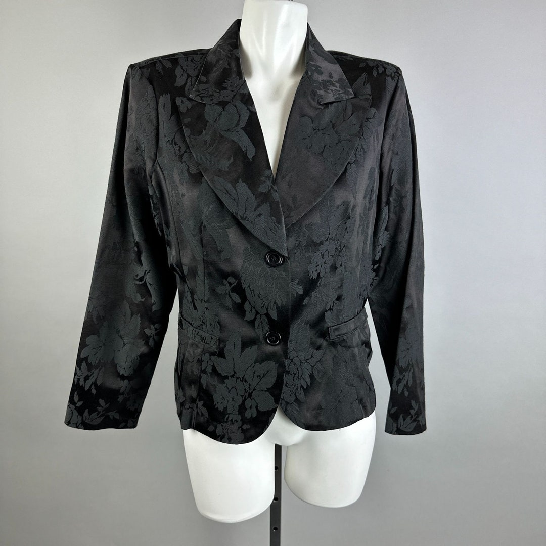 Vtg 90s Black Satin Jacquard Floral Goth Blazer Jacket Whimsy Size 16 ...