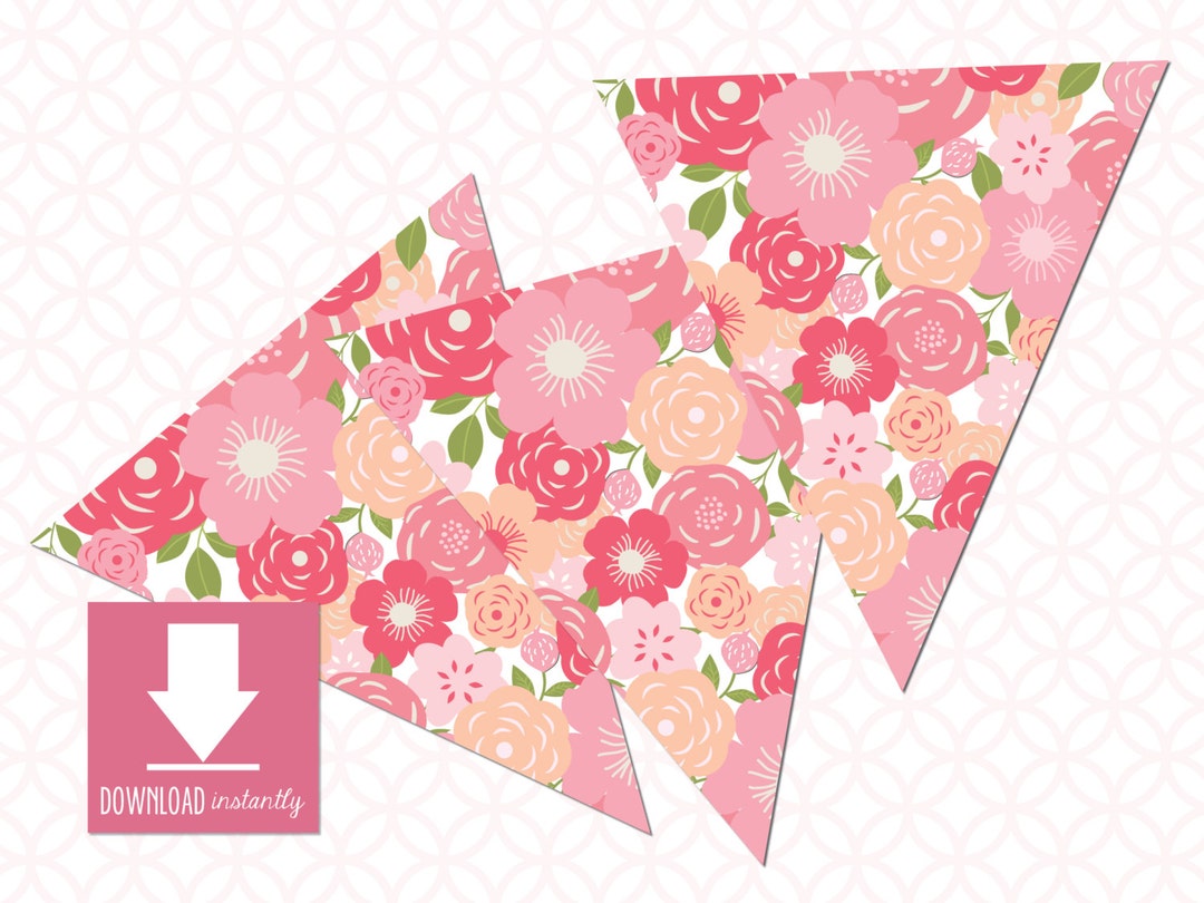 Printable Pink Floral Pennant Flag Banner That Includes Shades of Pink ...