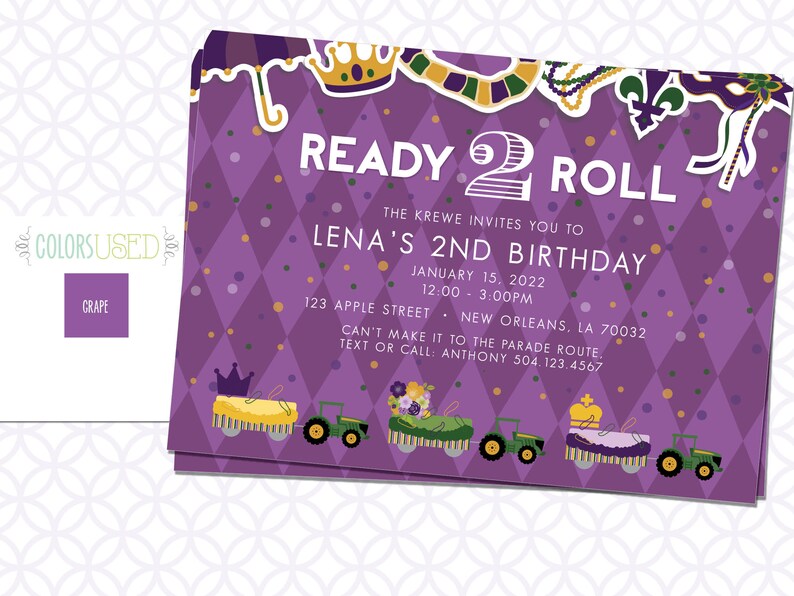 Printable READY 2 ROLL Birthday Party Invitation, 5in X 7in, Mardi Gras ...