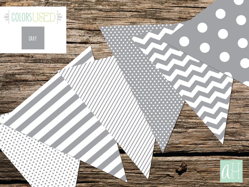 Printable Assorted Pennant Flag Banner: Gray instant Digital - Etsy