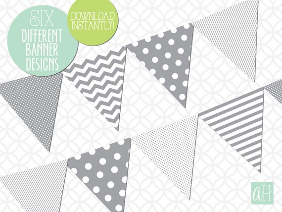 Printable Assorted Pennant Flag Banner: Gray instant Digital | Etsy