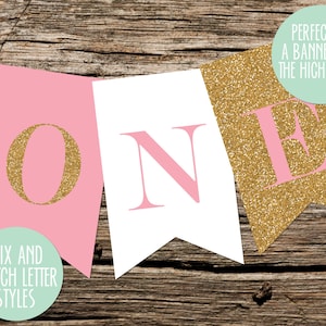 Printable "t" Pennant Banner: Instant Download, Pink and Gold Glitter ...
