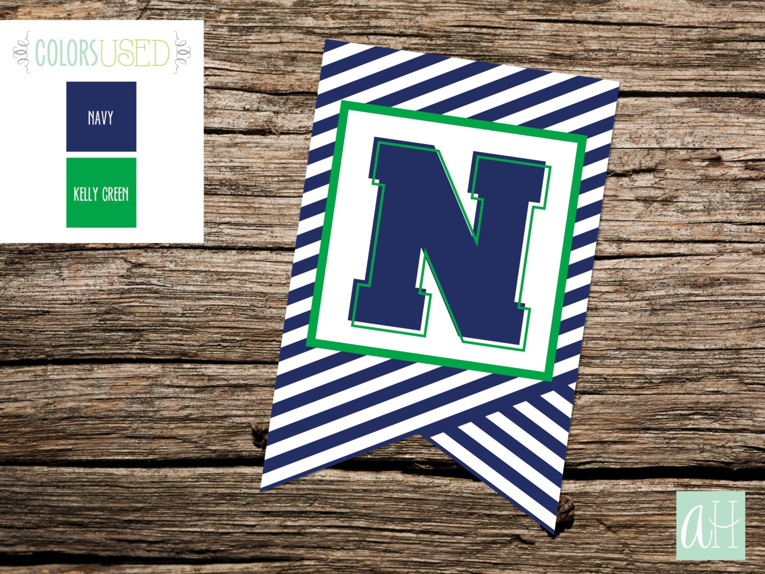 Printable "n" Pennant Banner: Instant Download, Navy Green and White ...