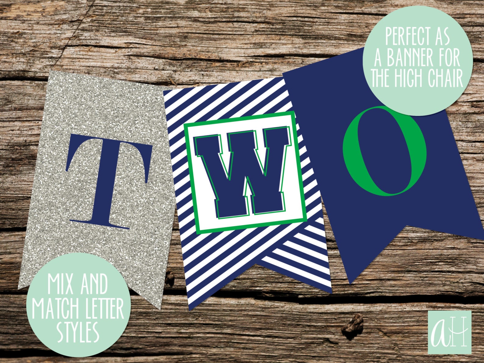 Printable "e" Pennant Banner: Instant Download, Navy, Green and White ...