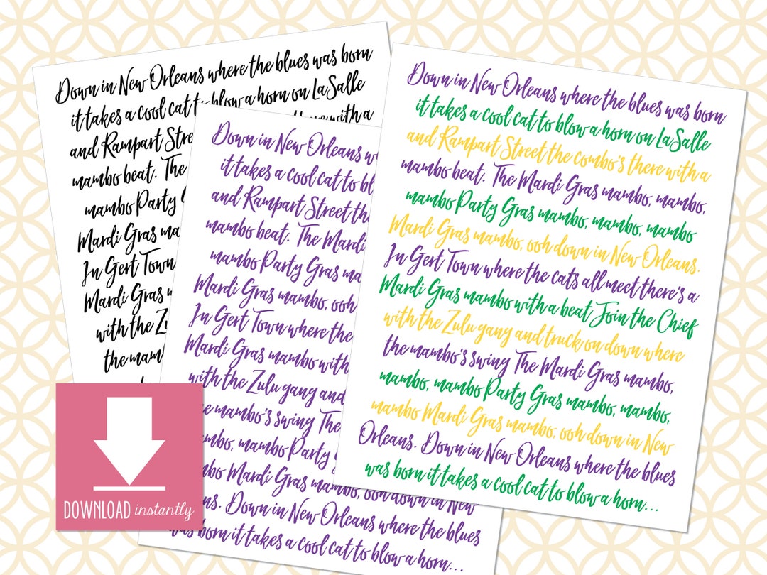 Printable Mardi Gras Mambo Lyrics (all 3 Color Styles Included ...