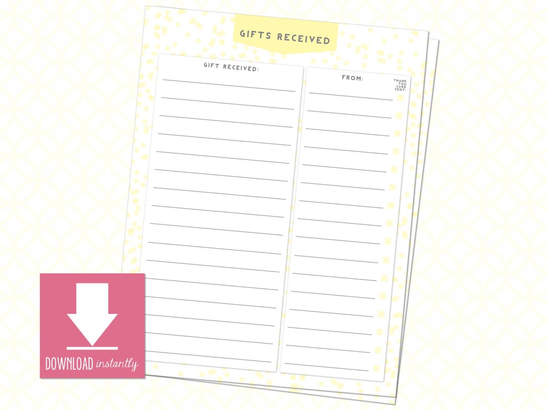 Printable Gifts Received Log With Thank You Card Sent Checklist, Banana ...