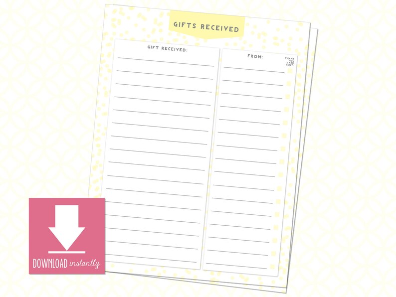 Printable Gifts Received Log With Thank You Card Sent Checklist, Banana ...