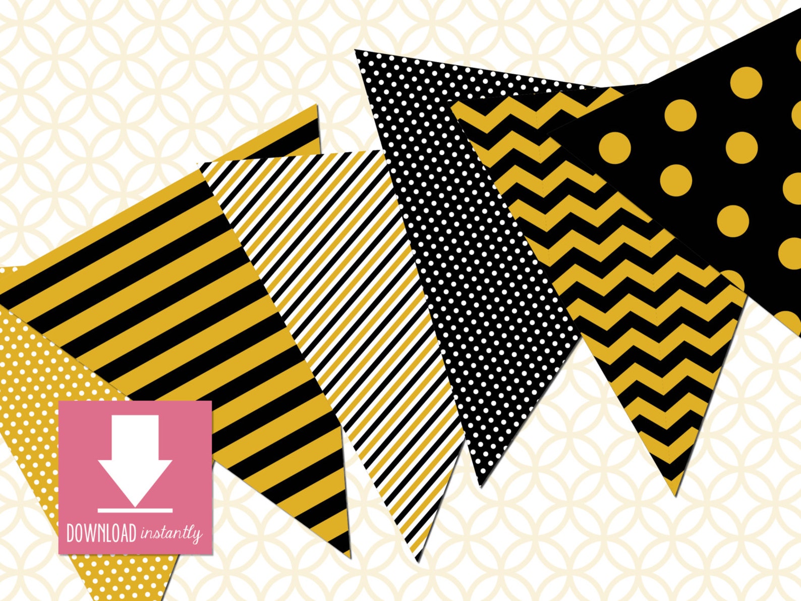 Printable Assorted Pennant Flags: Black and Gold Banner (instant ...
