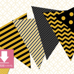 Printable Assorted Pennant Flags: Black and Gold Banner (instant ...
