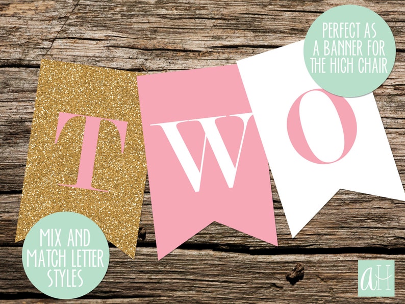 Printable "t" Pennant Banner: Instant Download, Pink and Gold Glitter ...