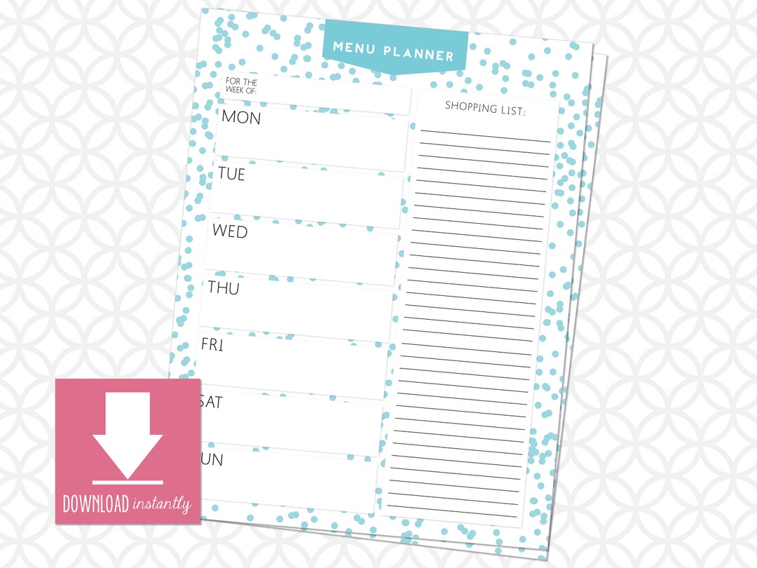Printable Weekly Menu Planner With Shopping List: Instant Download - Etsy