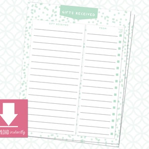 Printable Gifts Received Log With Thank You Card Sent Checklist, Mint ...