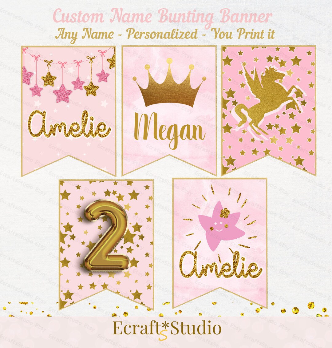 Custom Name Printable Bunting Banner Any Name Pink Gold Banner ...