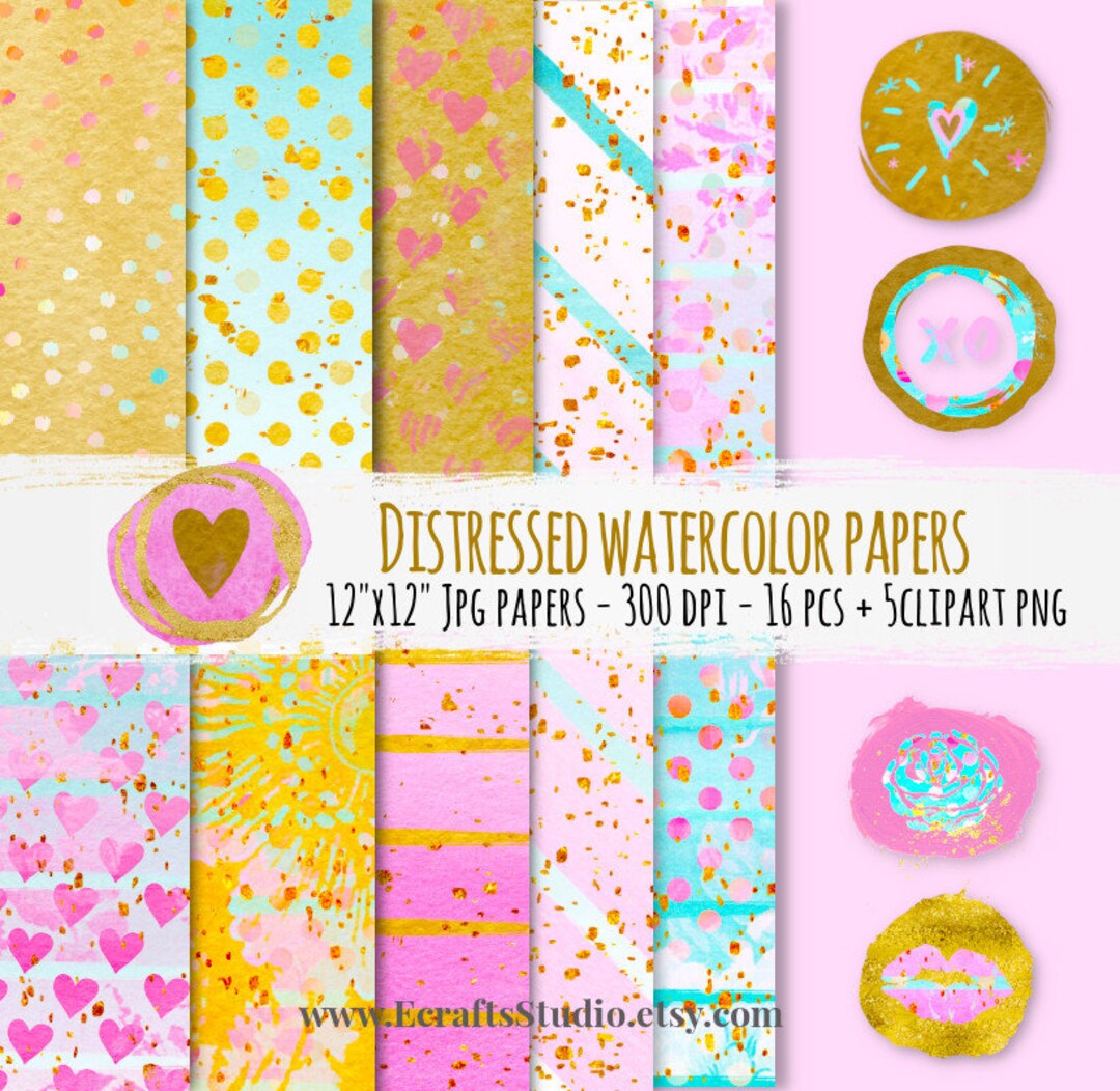 Gold Watercolor Flowers Digital Papers , Glitter Watercolor Paper Pack ...