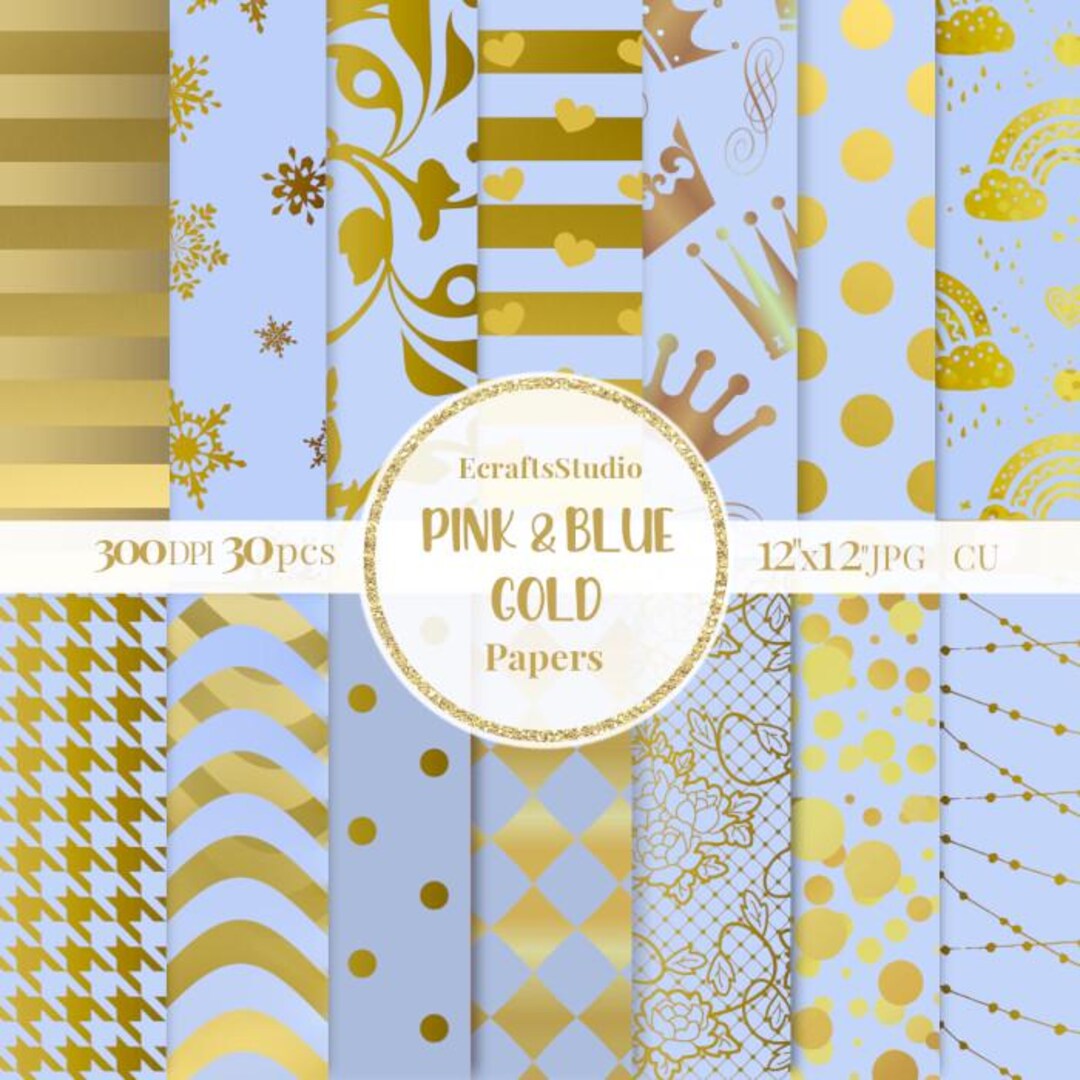 Pink & Gold Digital Paper - Gold Blue Patterns - Gold Pink and Blue ...