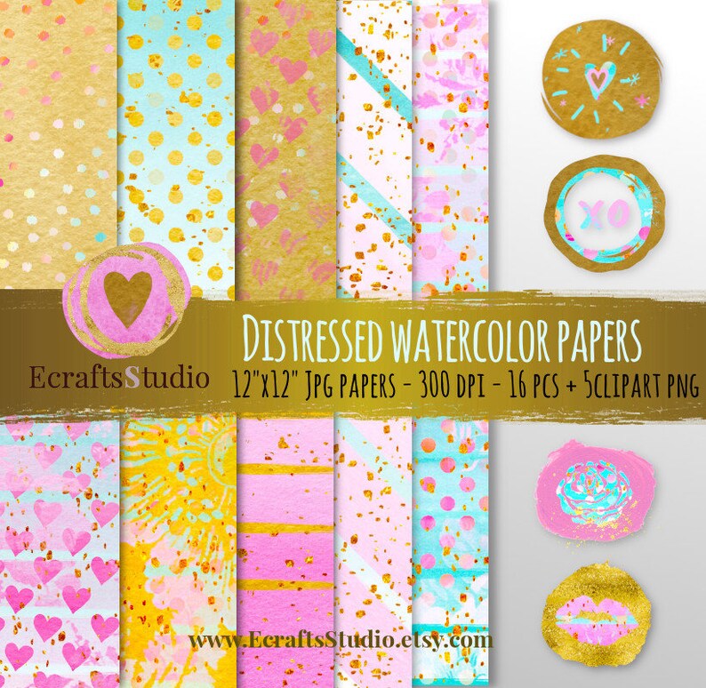 Gold Watercolor Flowers Digital Papers , Glitter Watercolor Paper Pack ...