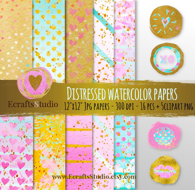 Gold Watercolor Flowers Digital Papers , Glitter Watercolor Paper Pack ...
