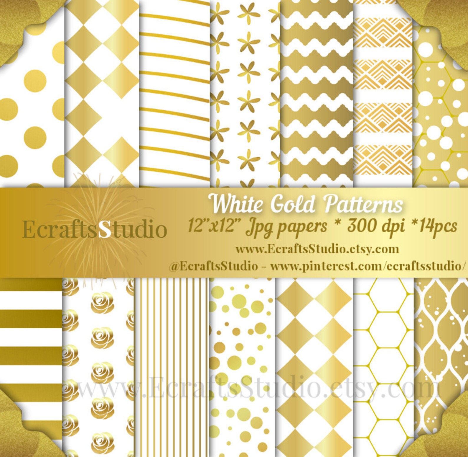 White and Gold Digital Paper - Gold White Patterns - Gold and White ...