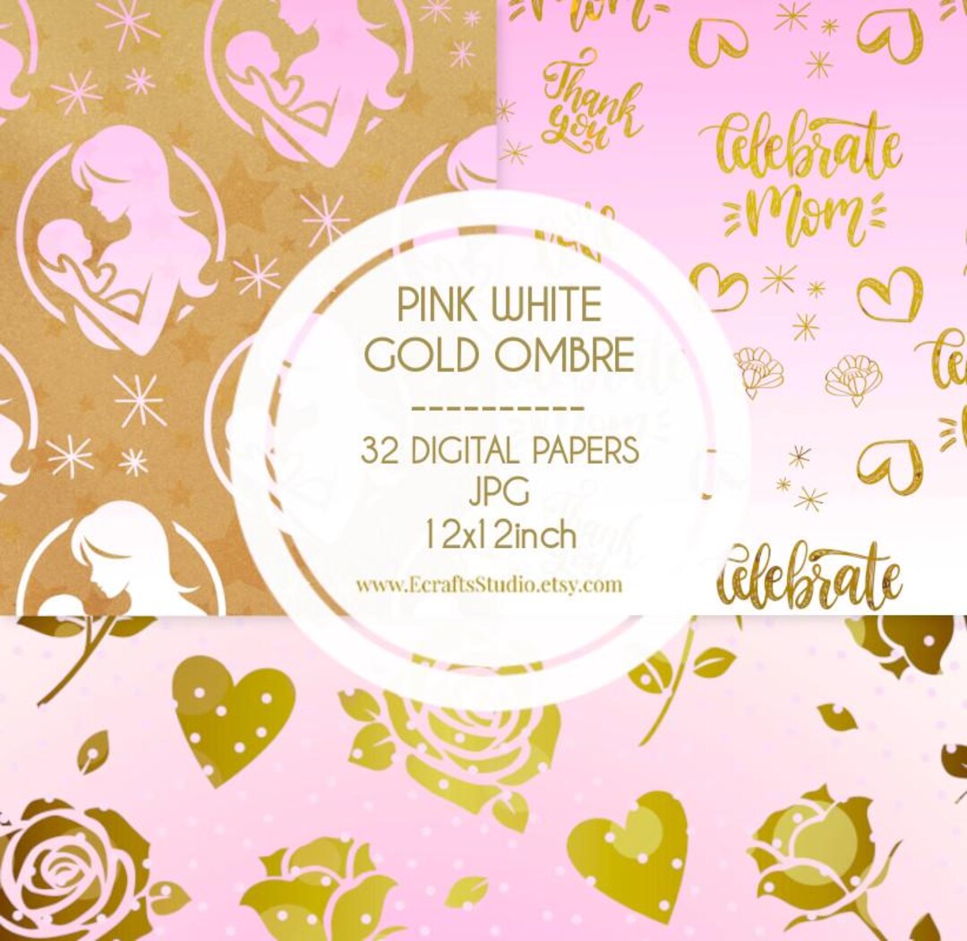 Ombre Pink White Gold Digital Paper - Pink White Gold Patterns - Gold ...