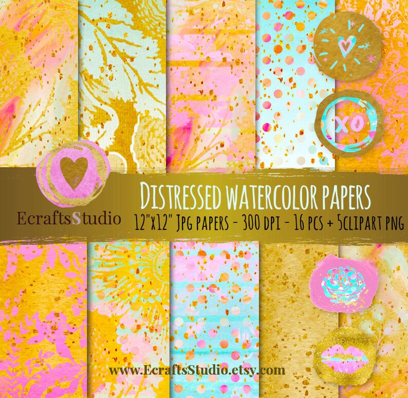 Gold Watercolor Flowers Digital Papers , Glitter Watercolor Paper Pack ...