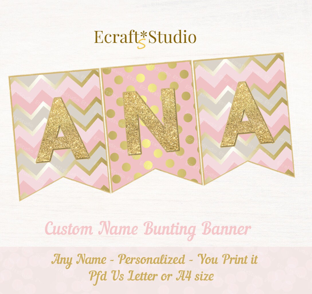 Custom Name Printable Bunting Banner Any Name Pink Gold - Etsy