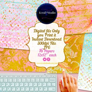 Gold Watercolor Flowers Digital Papers , Glitter Watercolor Paper Pack ...