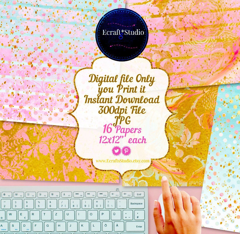Gold Watercolor Flowers Digital Papers , Glitter Watercolor Paper Pack ...