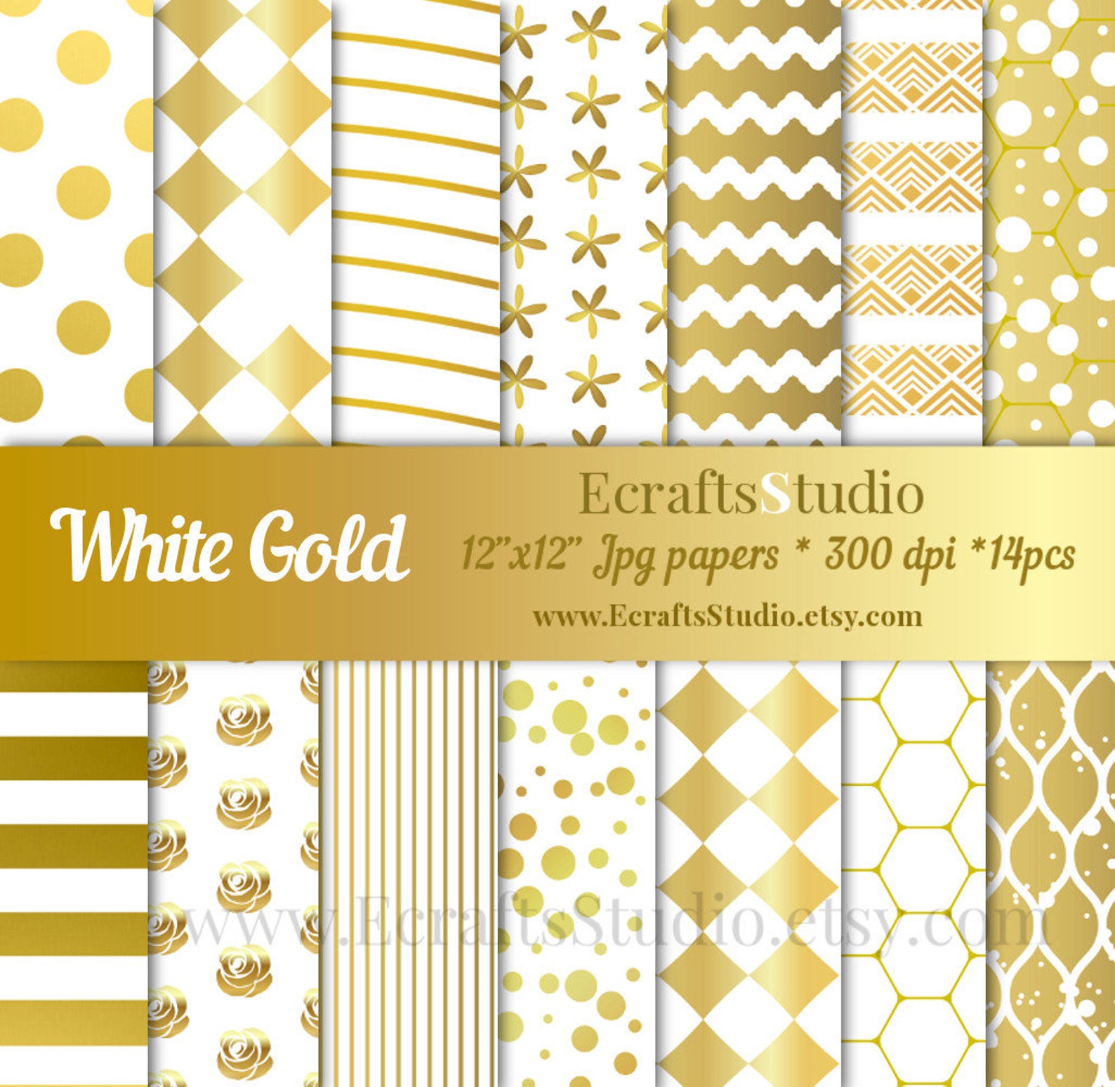 White and Gold Digital Paper - Gold White Patterns - Gold and White ...