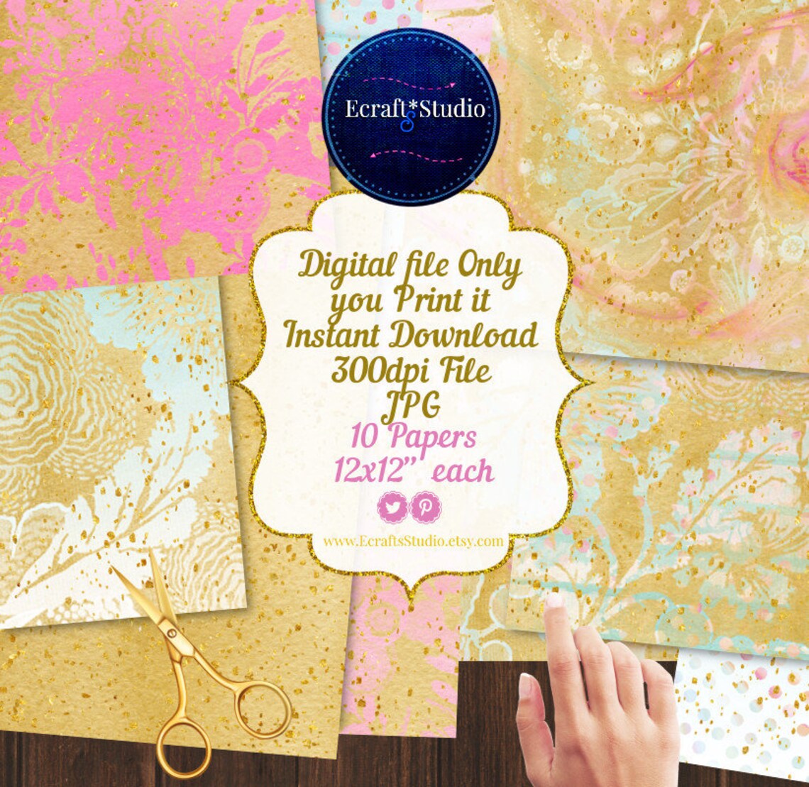 Gold Watercolor Flowers Digital Papers Glitter Watercolor - Etsy