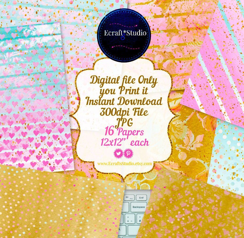 Gold Watercolor Flowers Digital Papers , Glitter Watercolor Paper Pack ...
