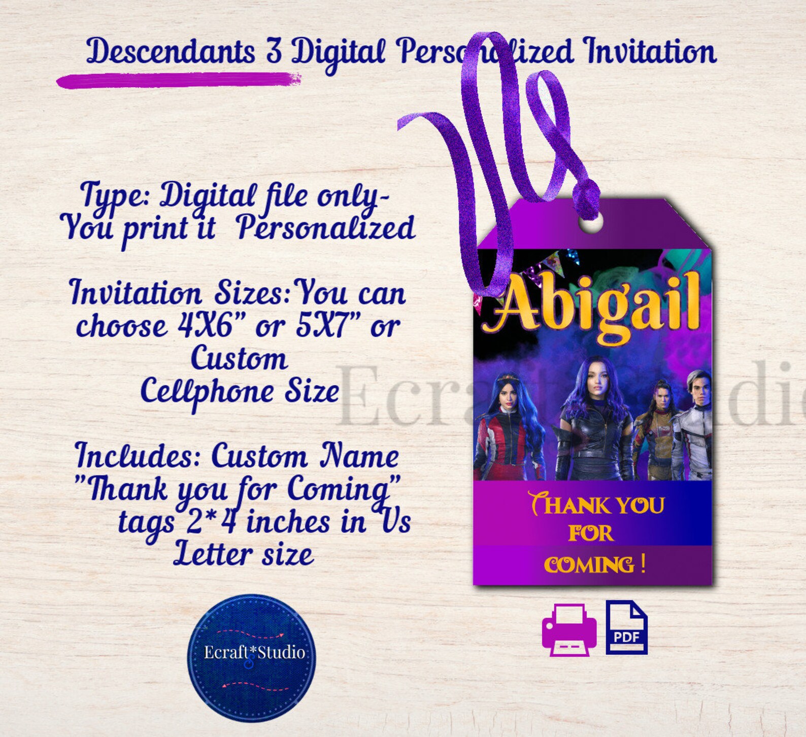 Descendants 3 Party Invitations 5x7 4x6 Invite Thank You - Etsy