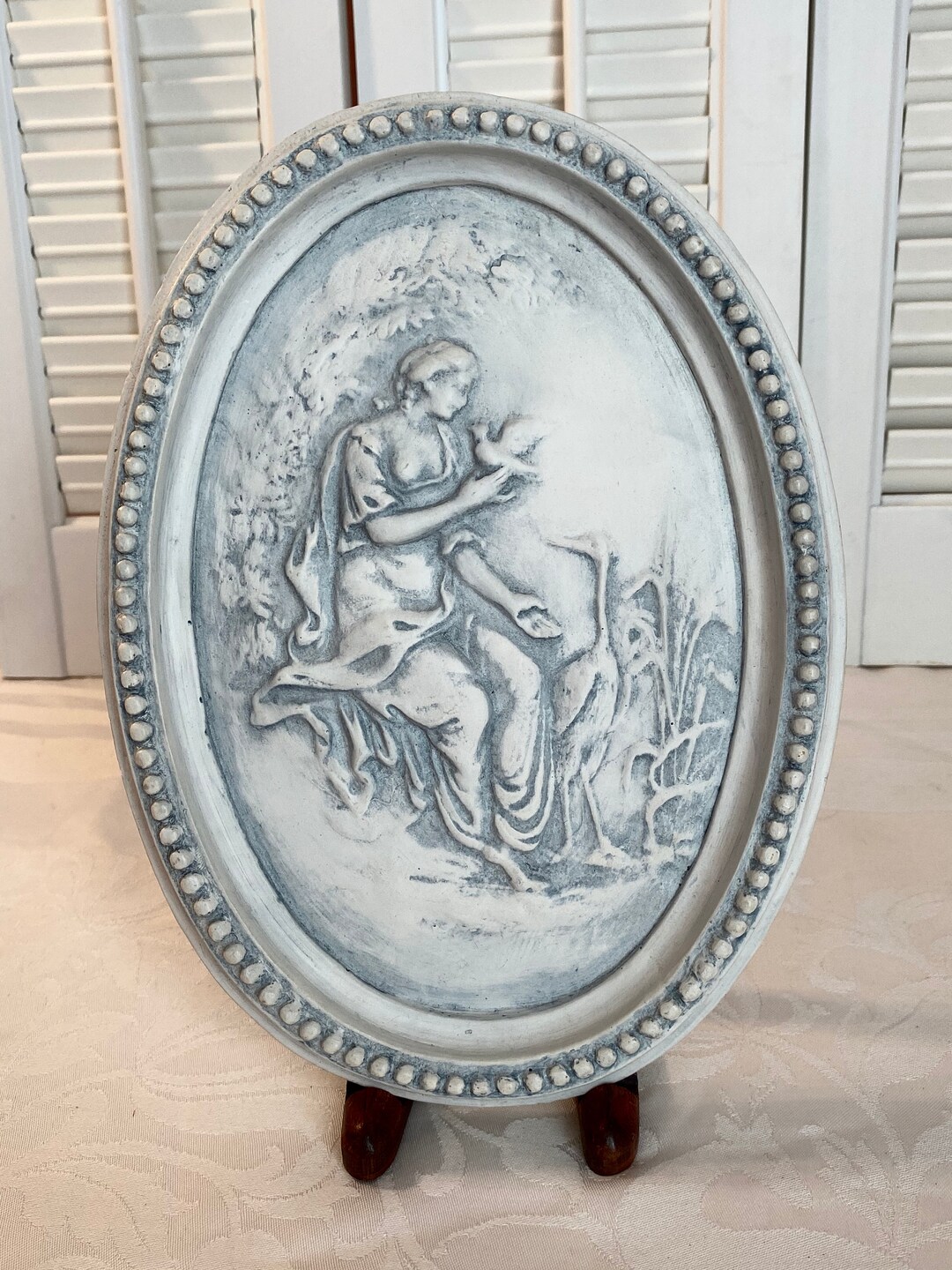 Vintage Chalkware Plaque ~ Lady in Garden With Bird ~ Historic ...