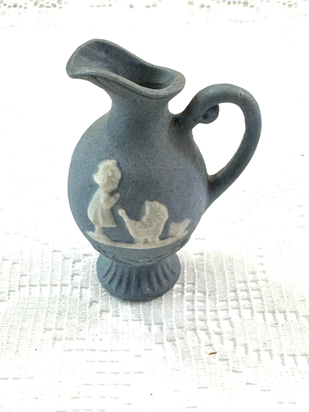Vintage Miniature Pitcher ~ Blue and White ~ Girl With Baby Carriage ...