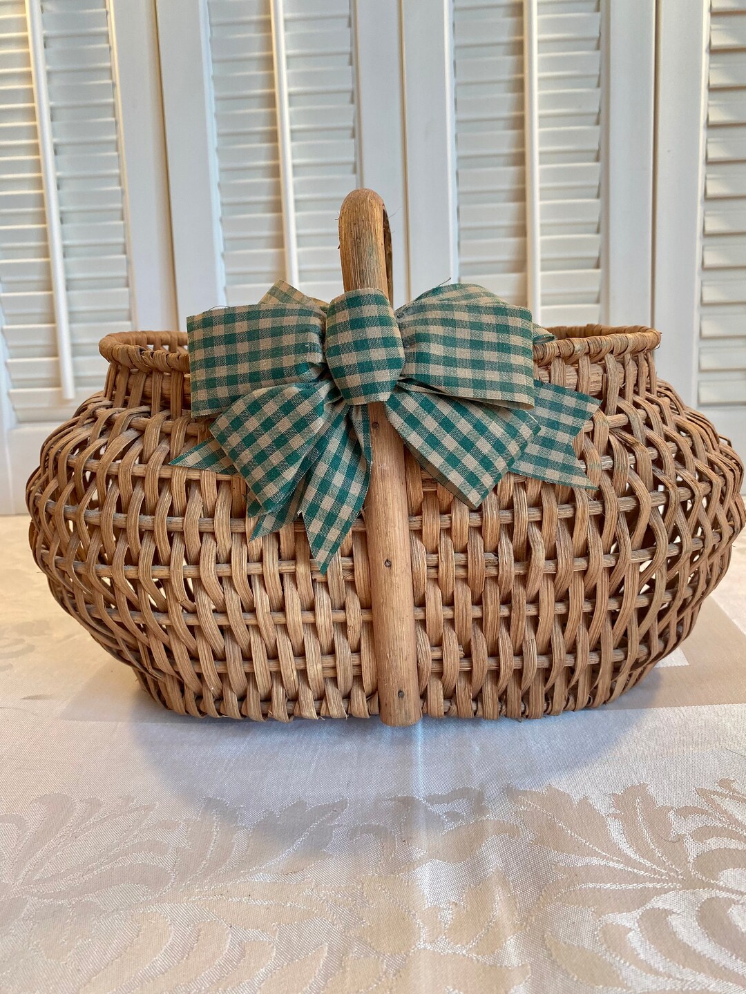 Vintage Shaker Style Basket With Bow~ Flat Bottom ~ Wood Handle With ...
