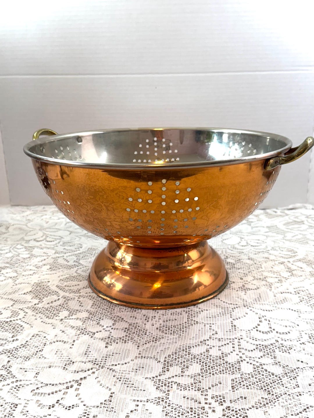 Vintage Copper Colander ~ Brass Handles ~ Large Colander 11.5” Across 7 ...
