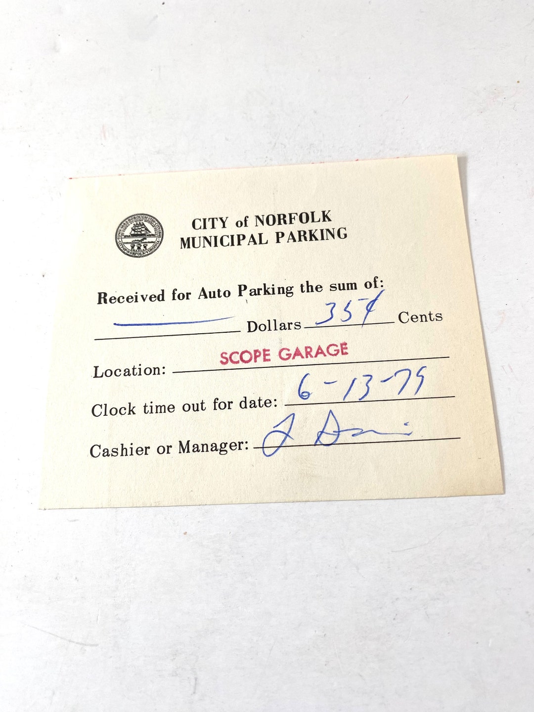 Vintage Parking Ticket Stub ~ City of Norfolk Municipal Parking Ticket ...