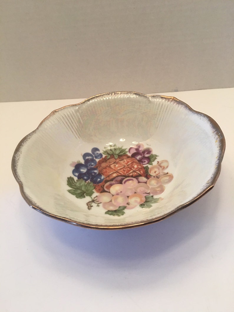 Trimont Ware Japan Lusterware Bowl~ Blue With Fruit Design ~ Gold Trim ...