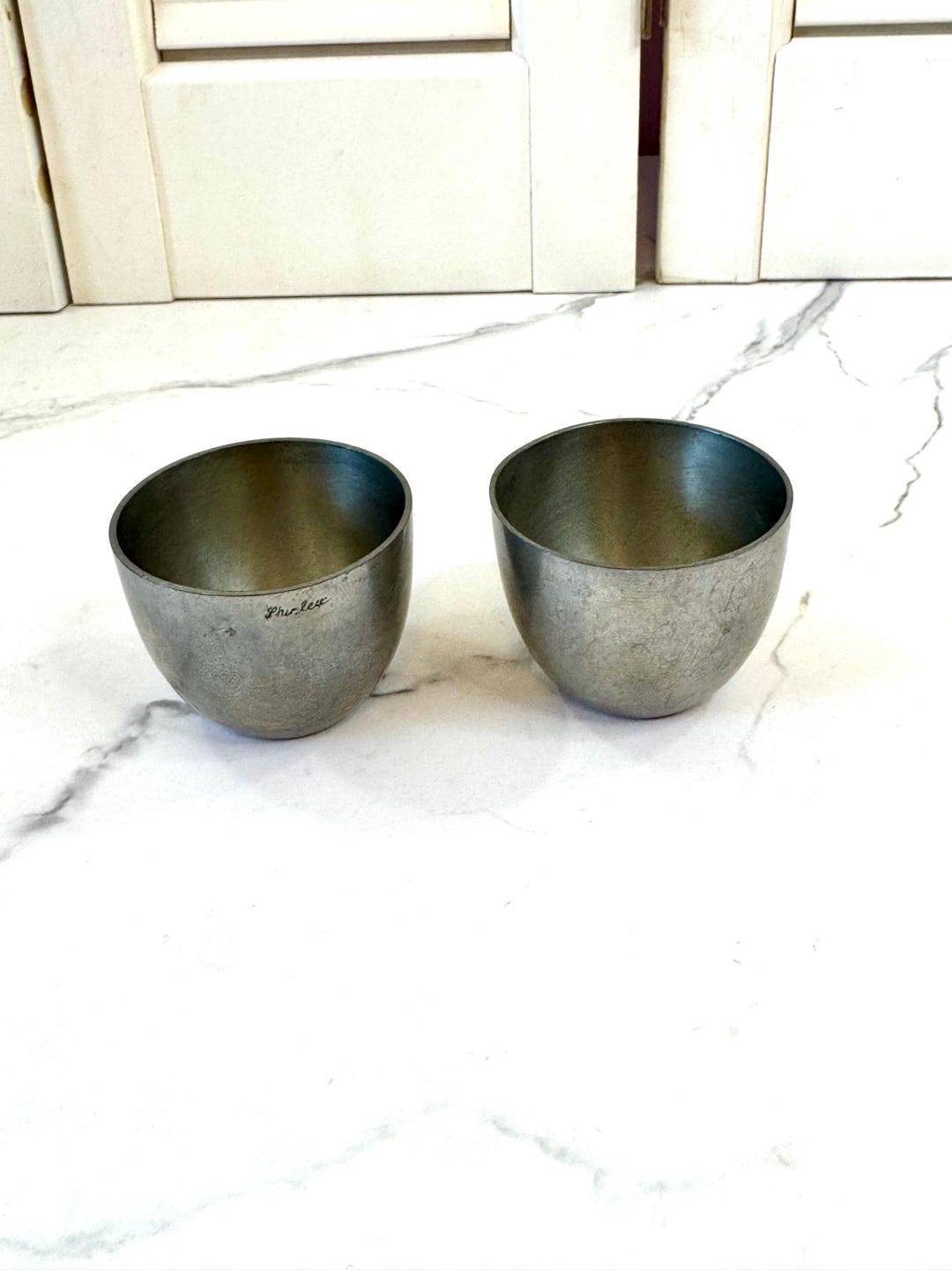 Vintage Pewter Cups ~ Marked Shirley on Top Edge ~ Set of Two Cups ...
