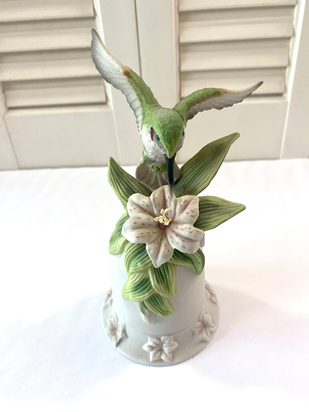 Vintage M. Bernini Porcelain Bell ~ Green Bird and Pink Flower ...