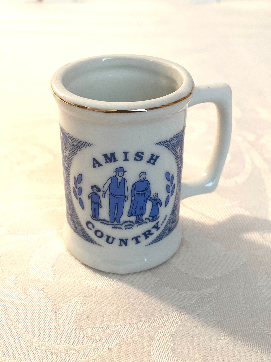 Vintage Shot Glass ~ Amish Country ~ Blue and White ~ Gold Trim ...