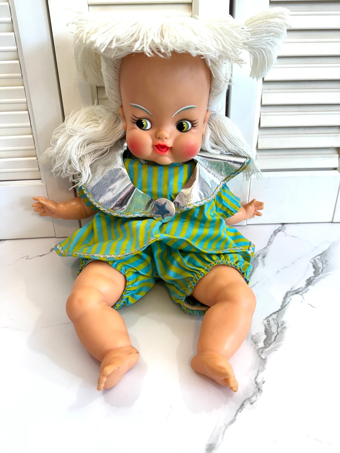 Vintage 1965 Ideal Toy Corp Doll ~ Green and Blue Stripe Outfit ~ White ...