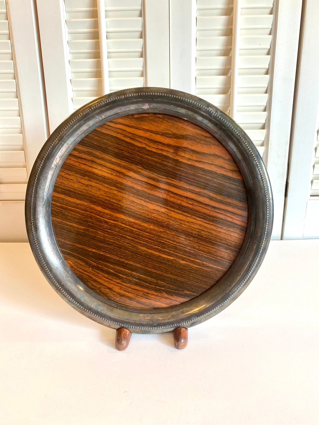 Vintage Silver Plate and Laminate Wood Grain Tray/9.5” Round Tray ...