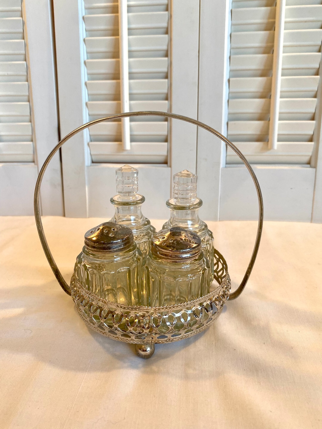 Vintage Silver Plate Caddy With Salt and Pepper Shakers~oil and Vinegar ...
