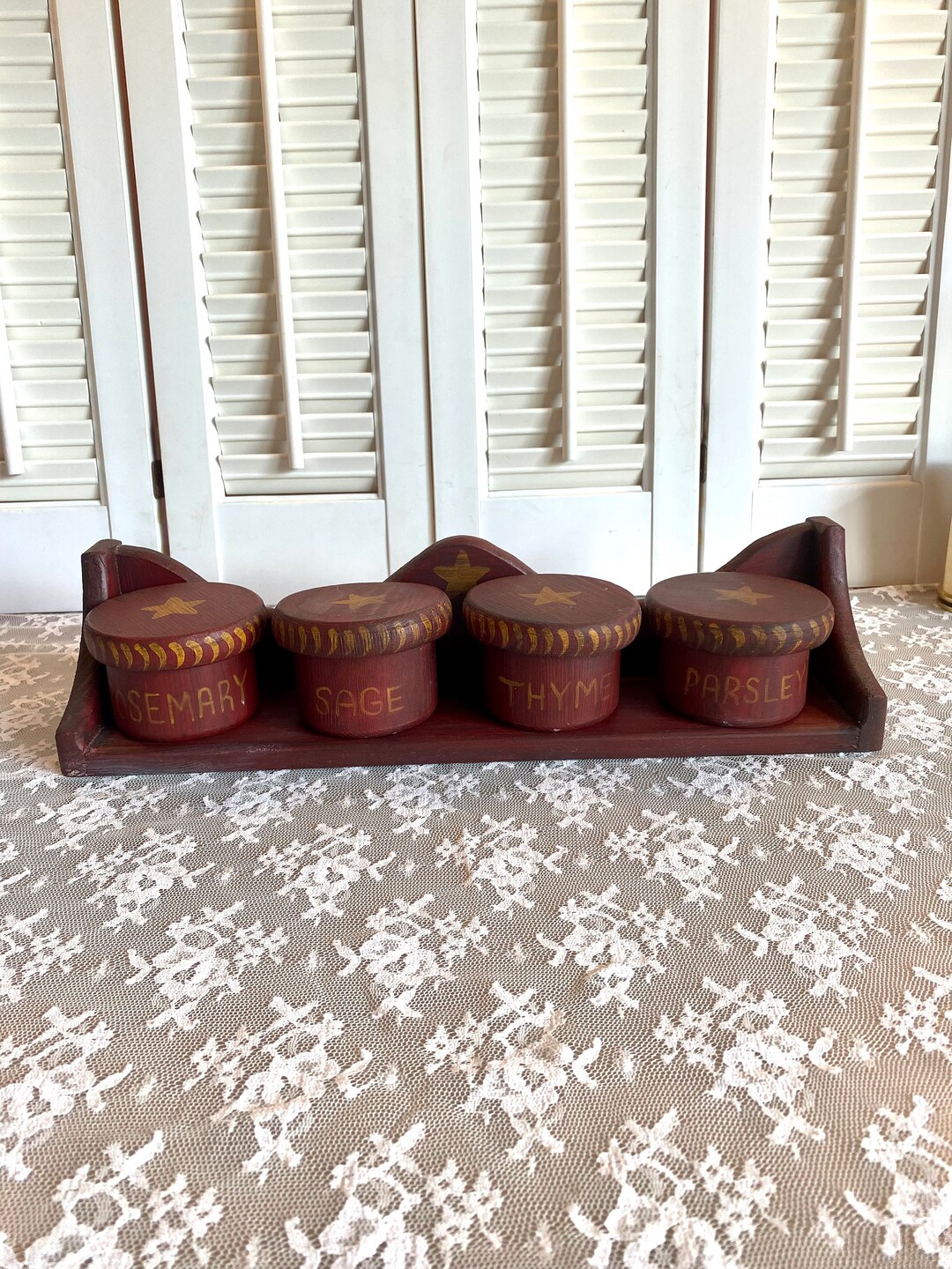 Vintage Wood Spice Jar Set With Shelf ~ Dark Red With Gold Stars and ...